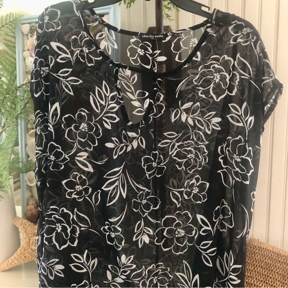 Tops | New Sheer Black White Floral Sheer Top Cover Up 2x | Poshmark